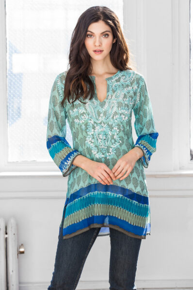 Allegra Aqua Silk Georgette Tunic - Amaya Textiles